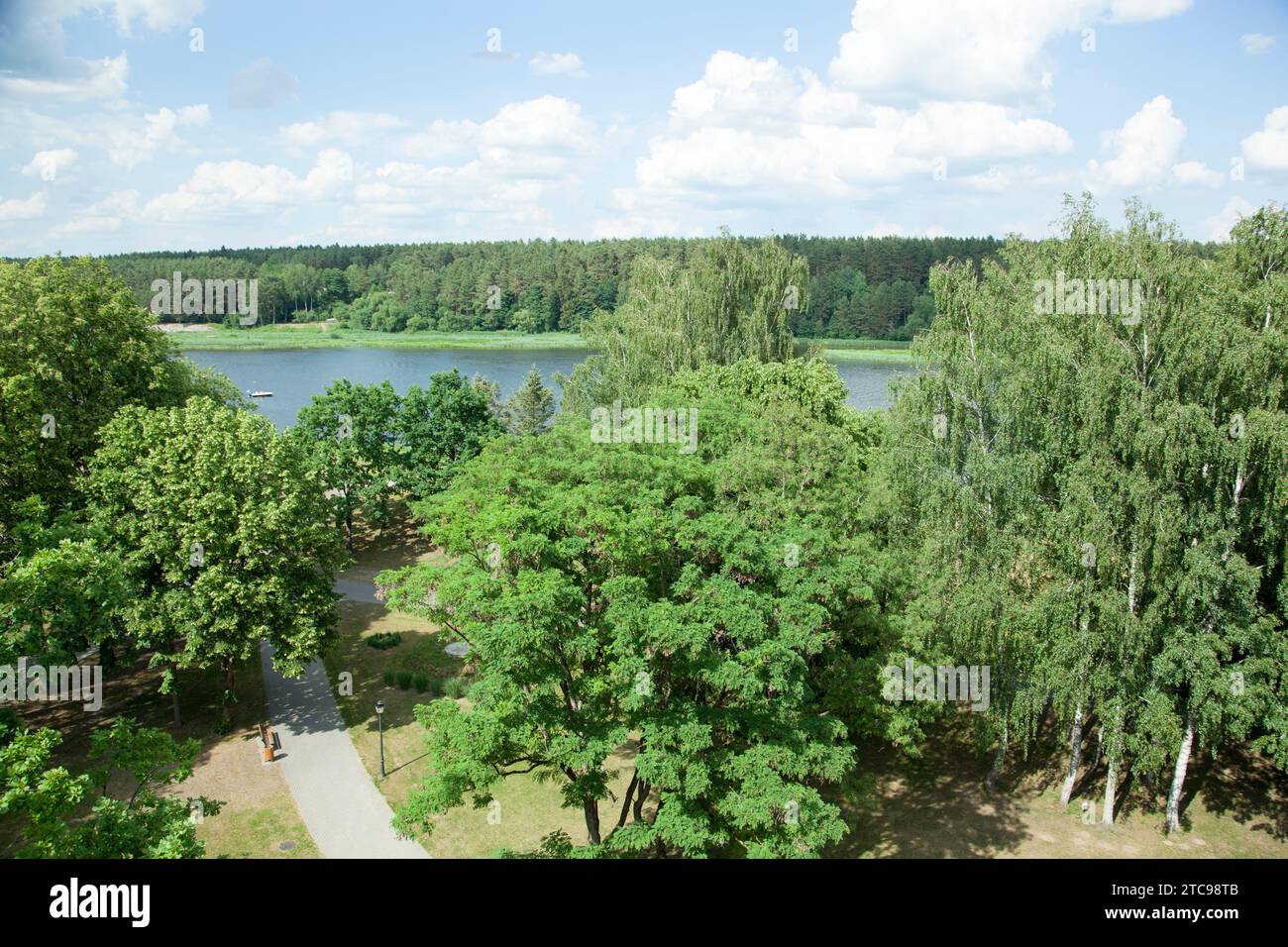 The aerial view of Birstonas resort town park by Neman River during the ...