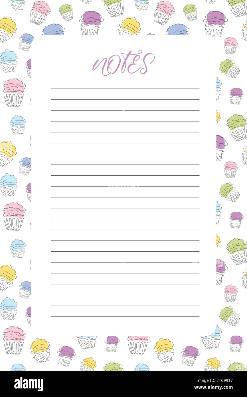 Blank lined note paper with a colorful cupcake border. Continuous one ...