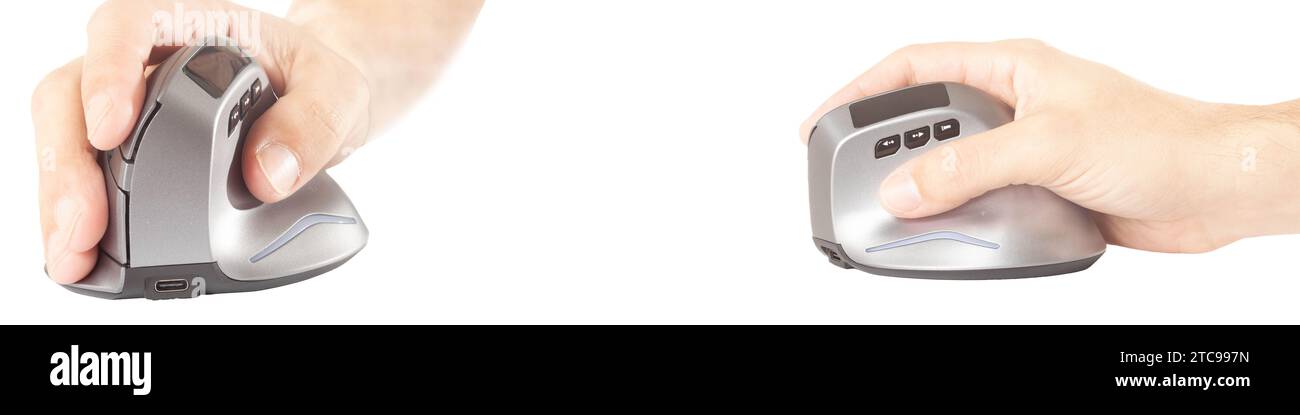 Close-up of male hand clicking on vertical computer mouse. Isolated ...