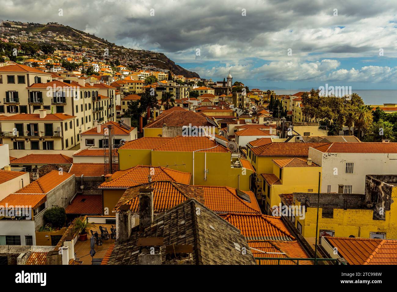 A view from the chair lift across the roof tops of Funchal, Madeira ...