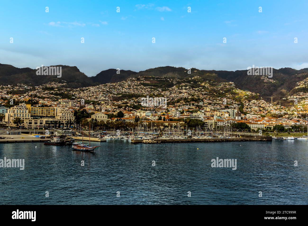 The promenade, marina and city of Funchal, Madeira from a ship in the ...