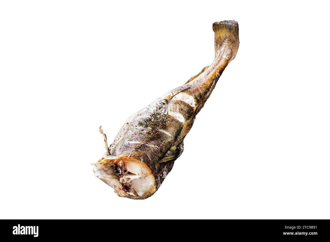 Roasted cod white fish with thyme on marble board. Isolated, white ...