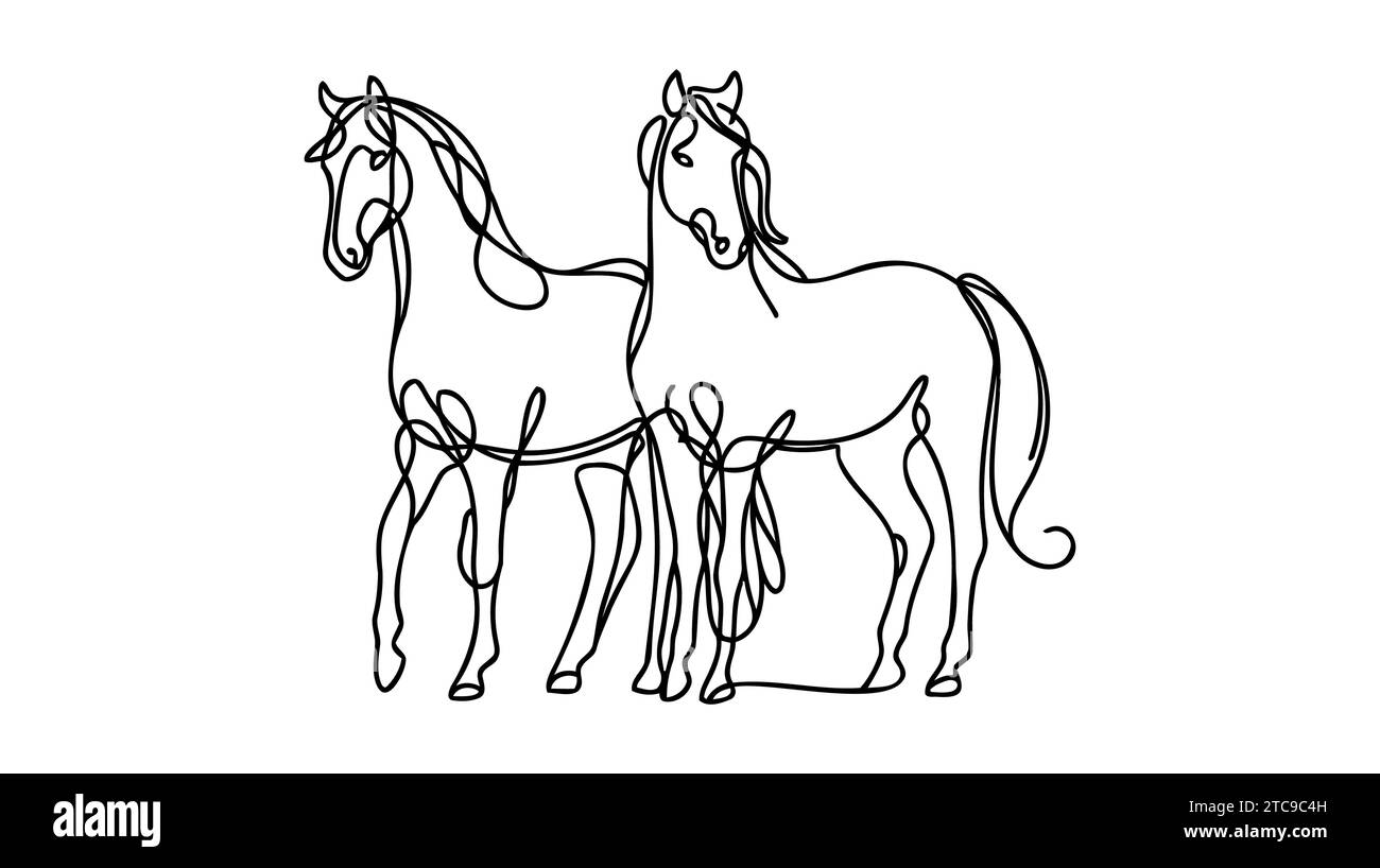 Two horses one continuous line art drawing. Vector illustration ...