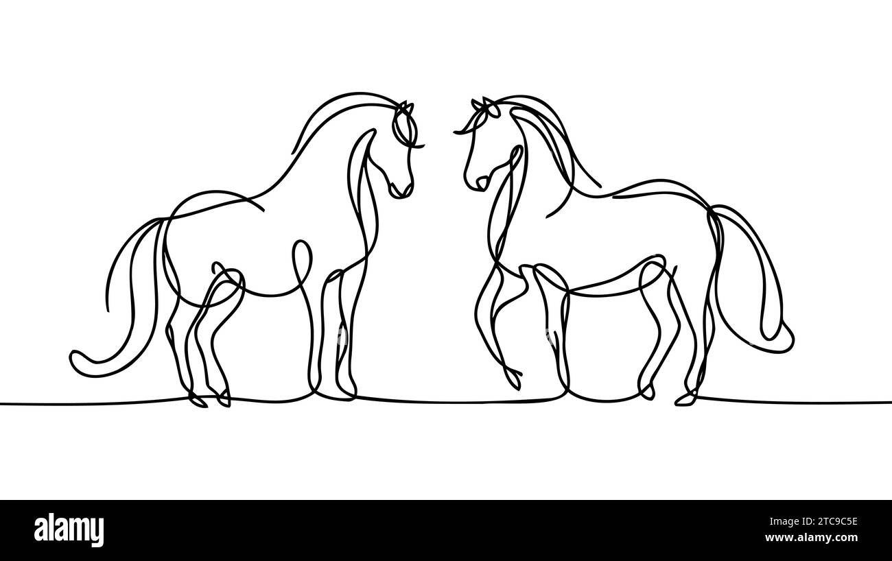 Two horses one continuous line art drawing. Vector illustration ...