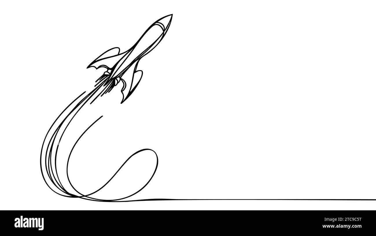 One continuous line drawing of simple retro spacecraft flying up to the ...