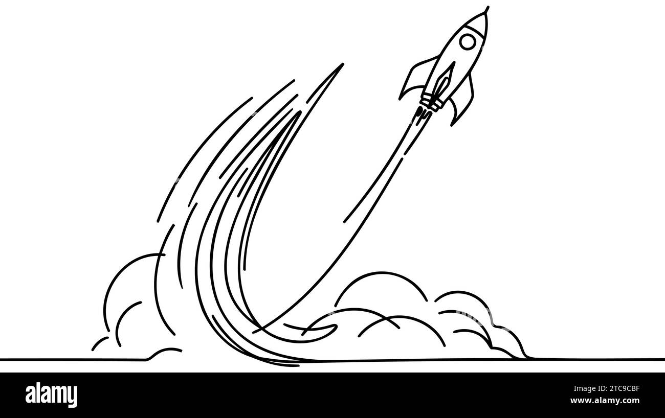 One continuous line drawing of simple retro spacecraft flying up to the ...