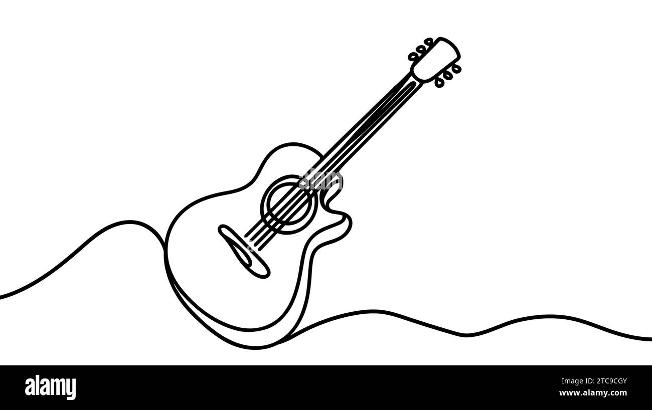 One single line drawing of wooden classic acoustic guitar. Modern ...