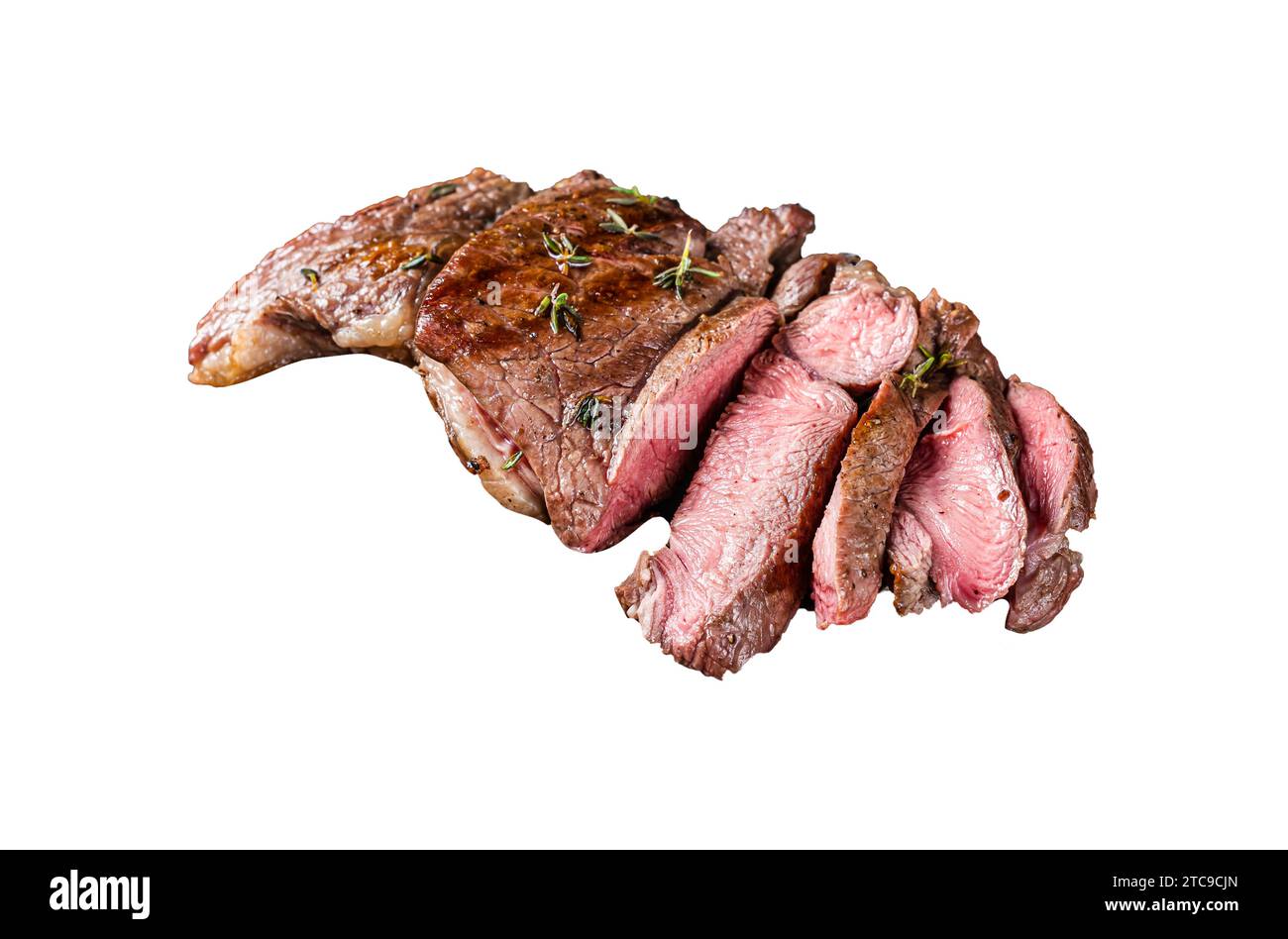 BBQ grilled Mutton fillet chop steaks, sliced lamb meat. Isolated ...