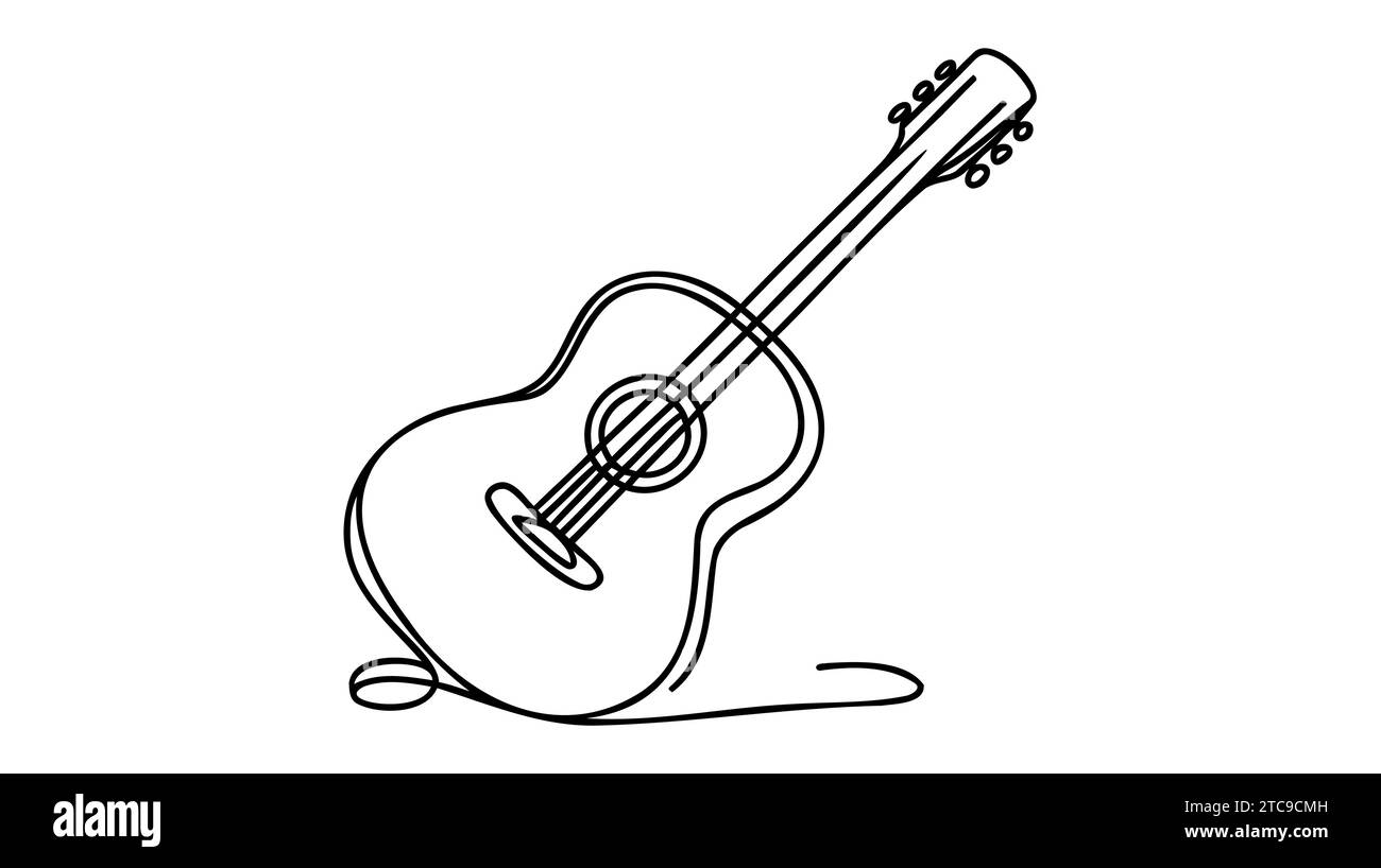 One single line drawing of wooden classic acoustic guitar. Modern ...