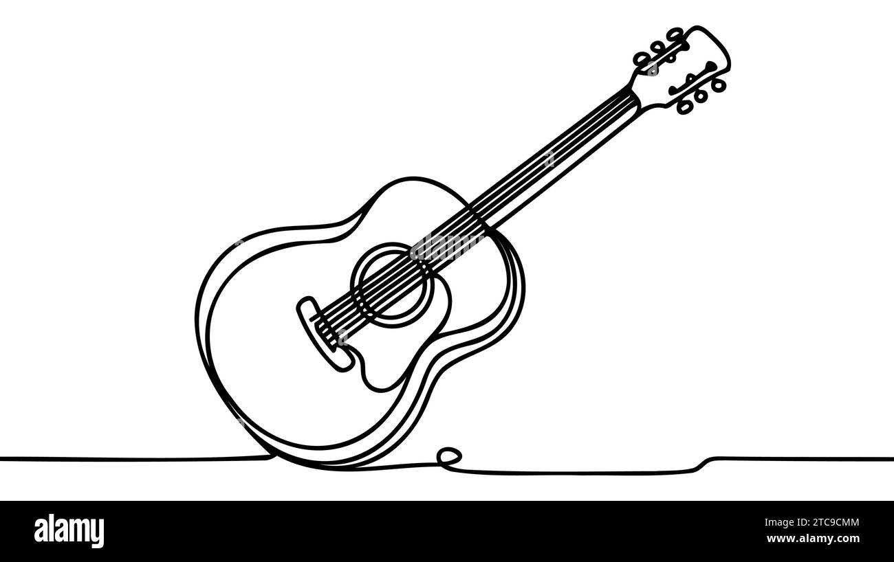 One single line drawing of wooden classic acoustic guitar. Modern ...