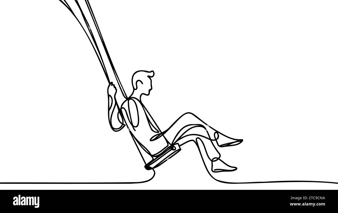 Man swinging on a swing in continuous line art drawing style. Black ...