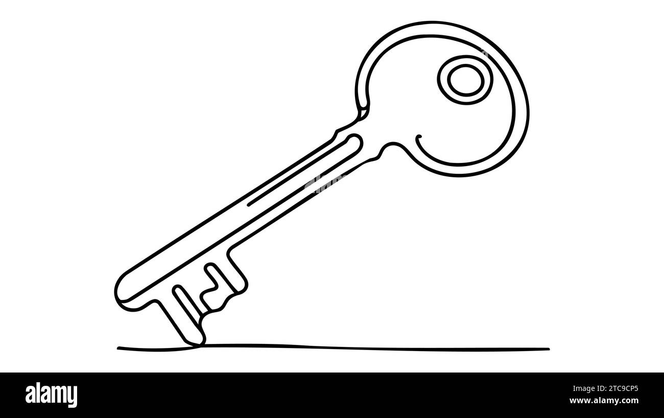 Single old key drawing in style of one continuous line black color ...