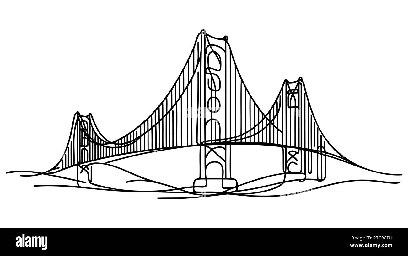 Giant bridge over river. Continuous one line drawing design. Simple ...