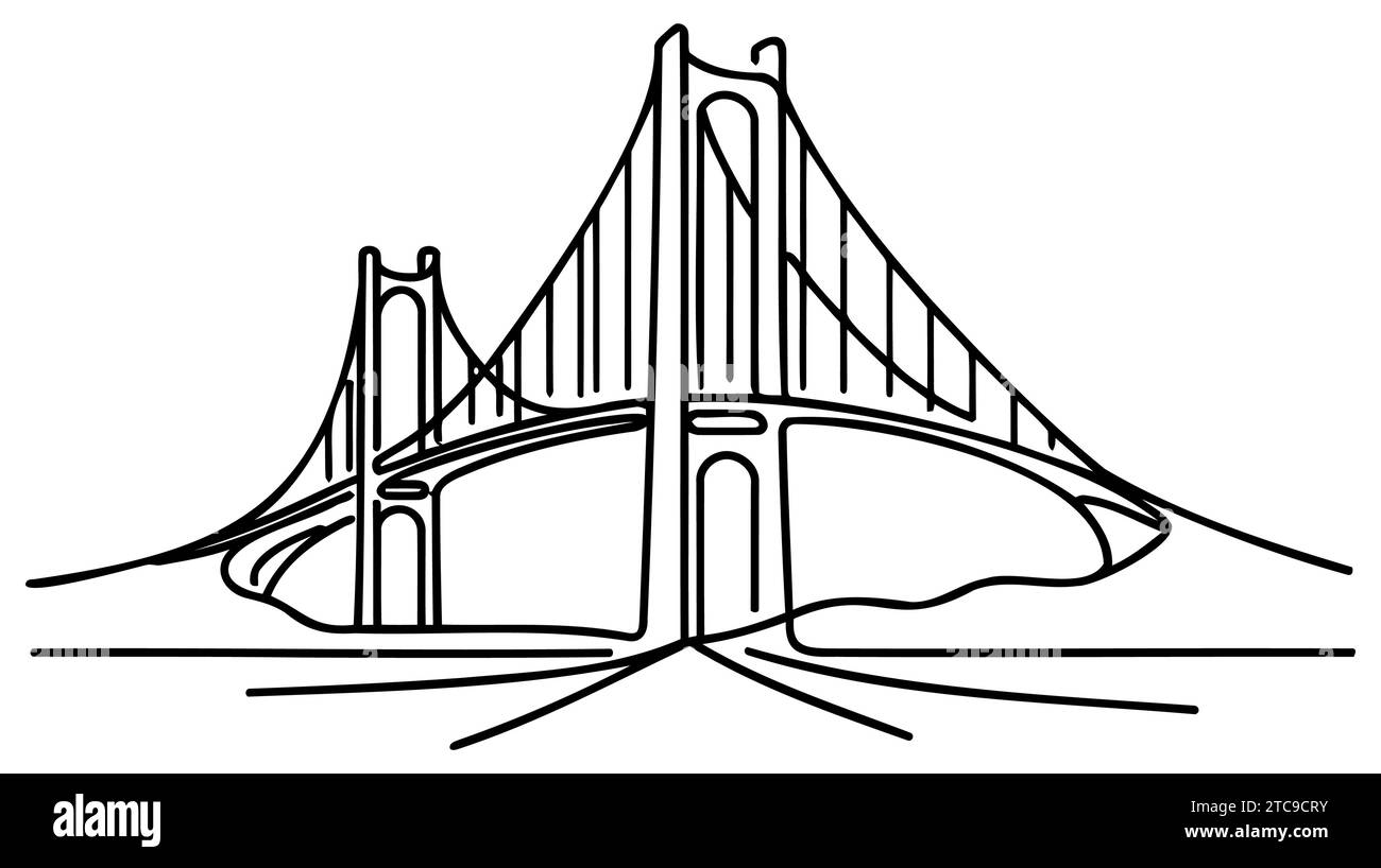 Giant bridge over river. Continuous one line drawing design. Simple ...