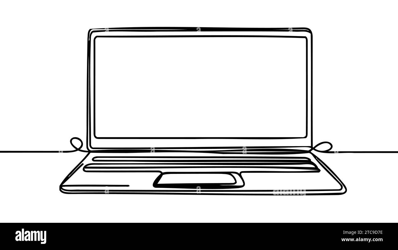 Open laptop. One line continuous laptop. Line art, outline, single line ...