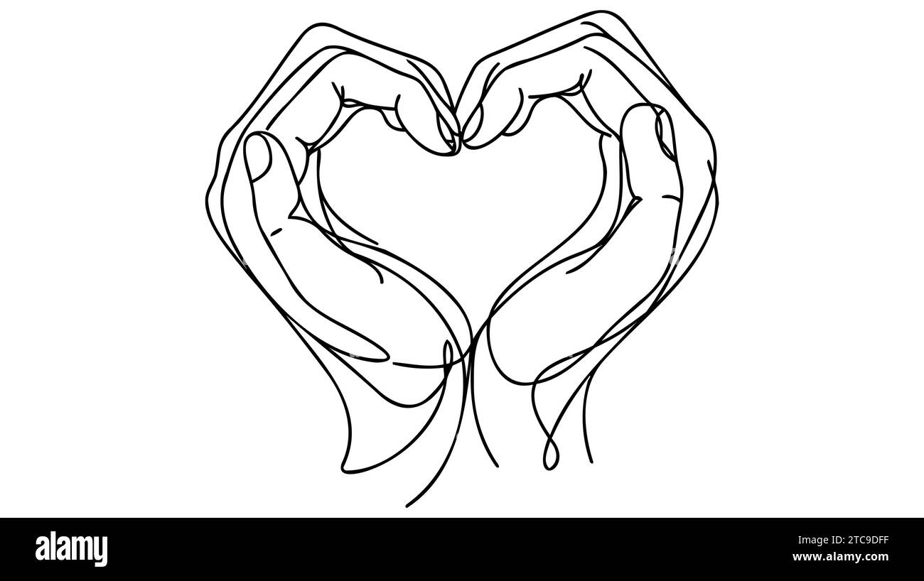 Single one line drawing hands making sign or symbol heart by fingers ...