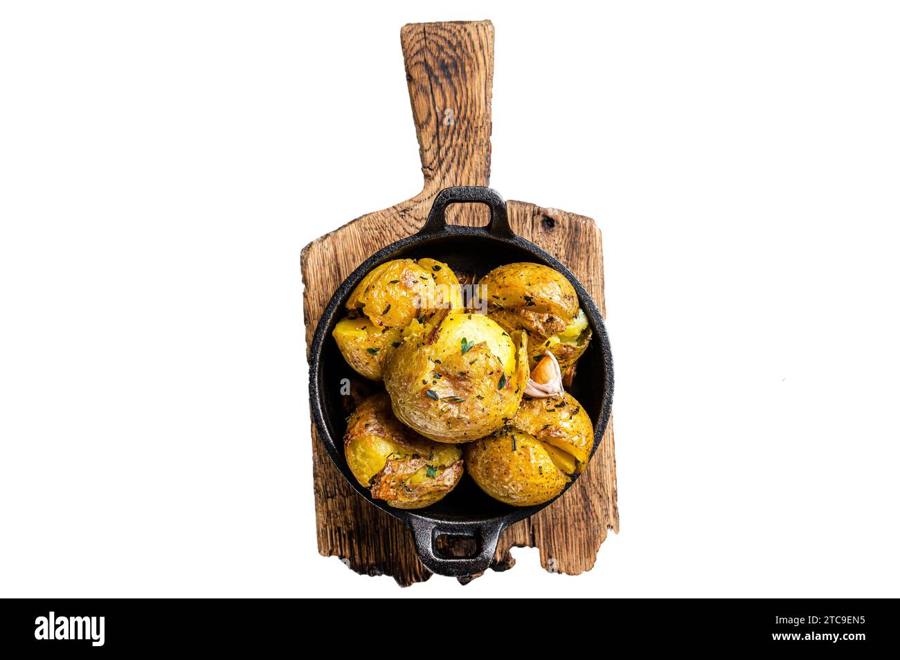 Crushed, Broken potatoes baked in oil with herbs. Isolated, white ...