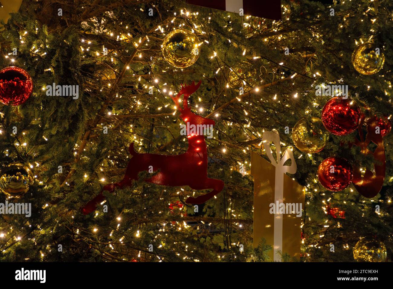 Christmas tree with holiday decorations and lights in the night outdoor ...