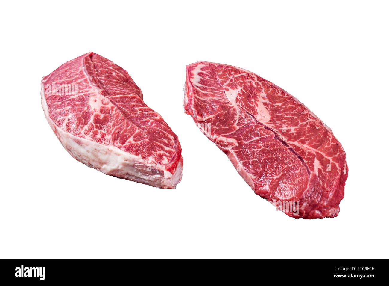 Raw Top Blade or flat iron beef meat steaks on a butcher table ...