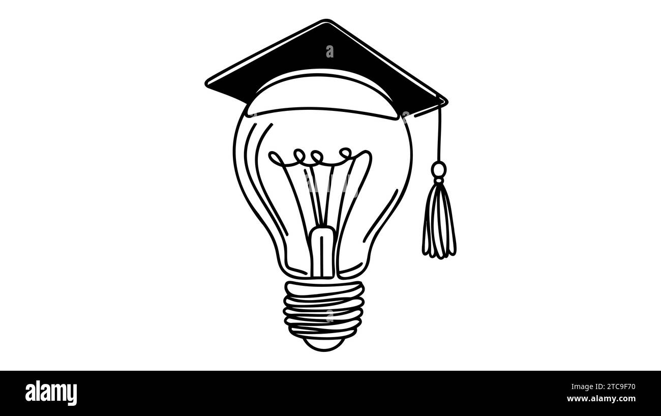 One single line drawing of bright lightbulb wearing graduation cap ...