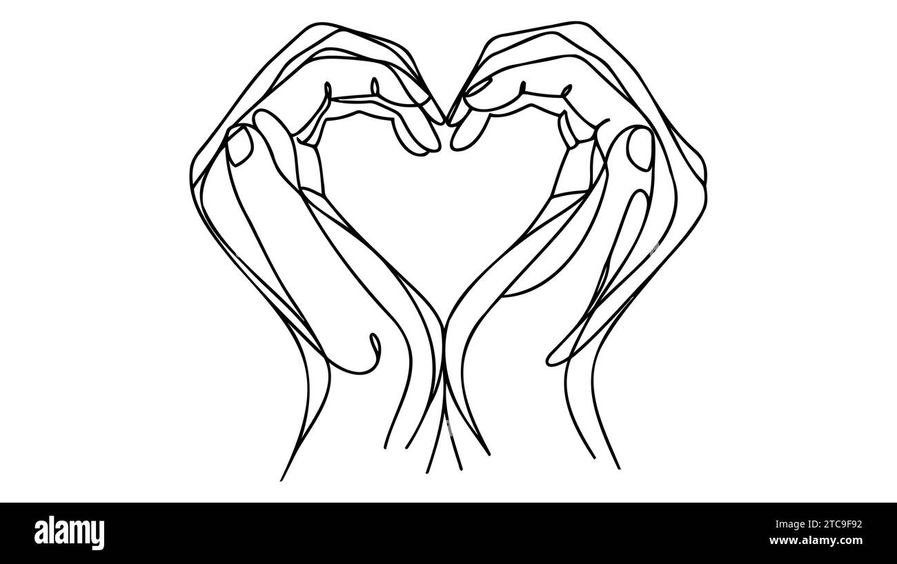 Single one line drawing hands making sign or symbol heart by fingers ...