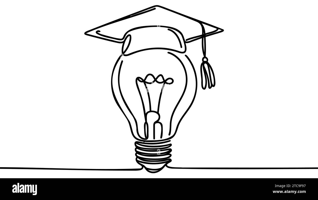 One single line drawing of bright lightbulb wearing graduation cap ...