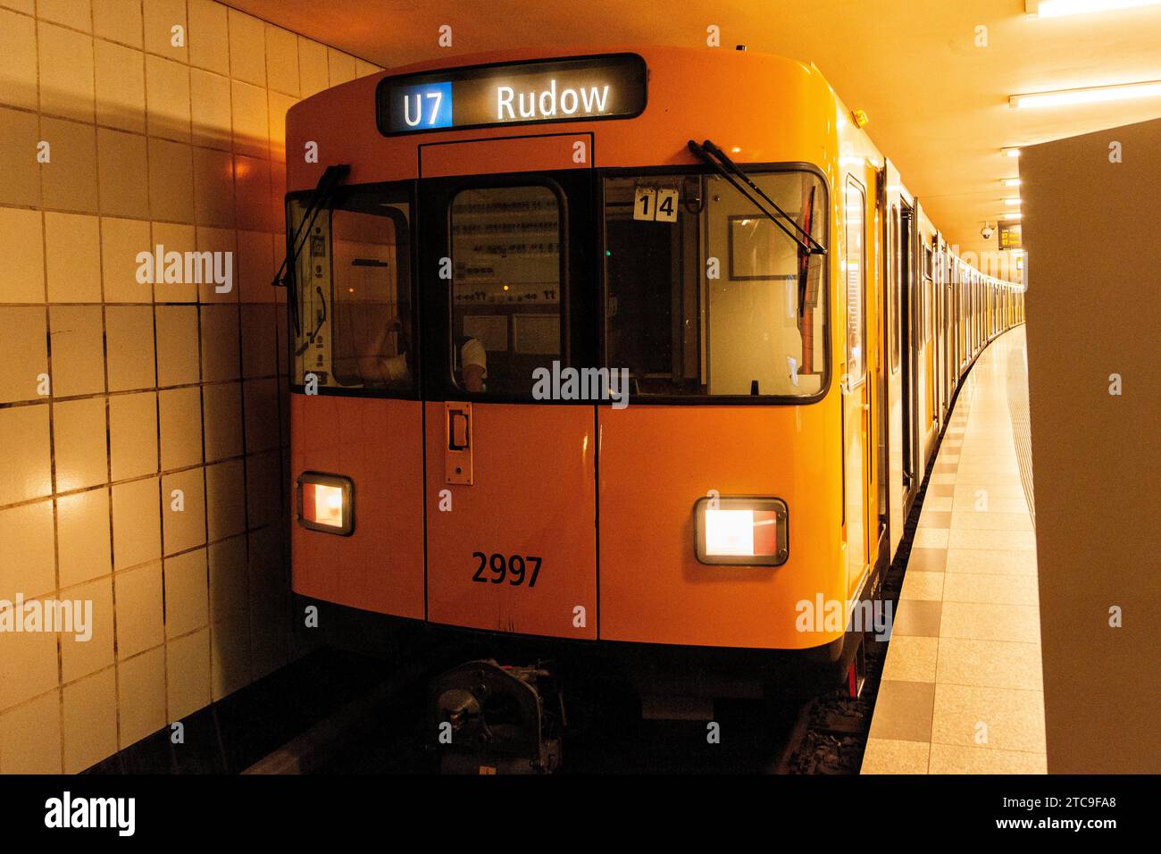 Berlin, Germany. Retrospective but refurbished subway of U-Bahn train at a platform of the U7 ...