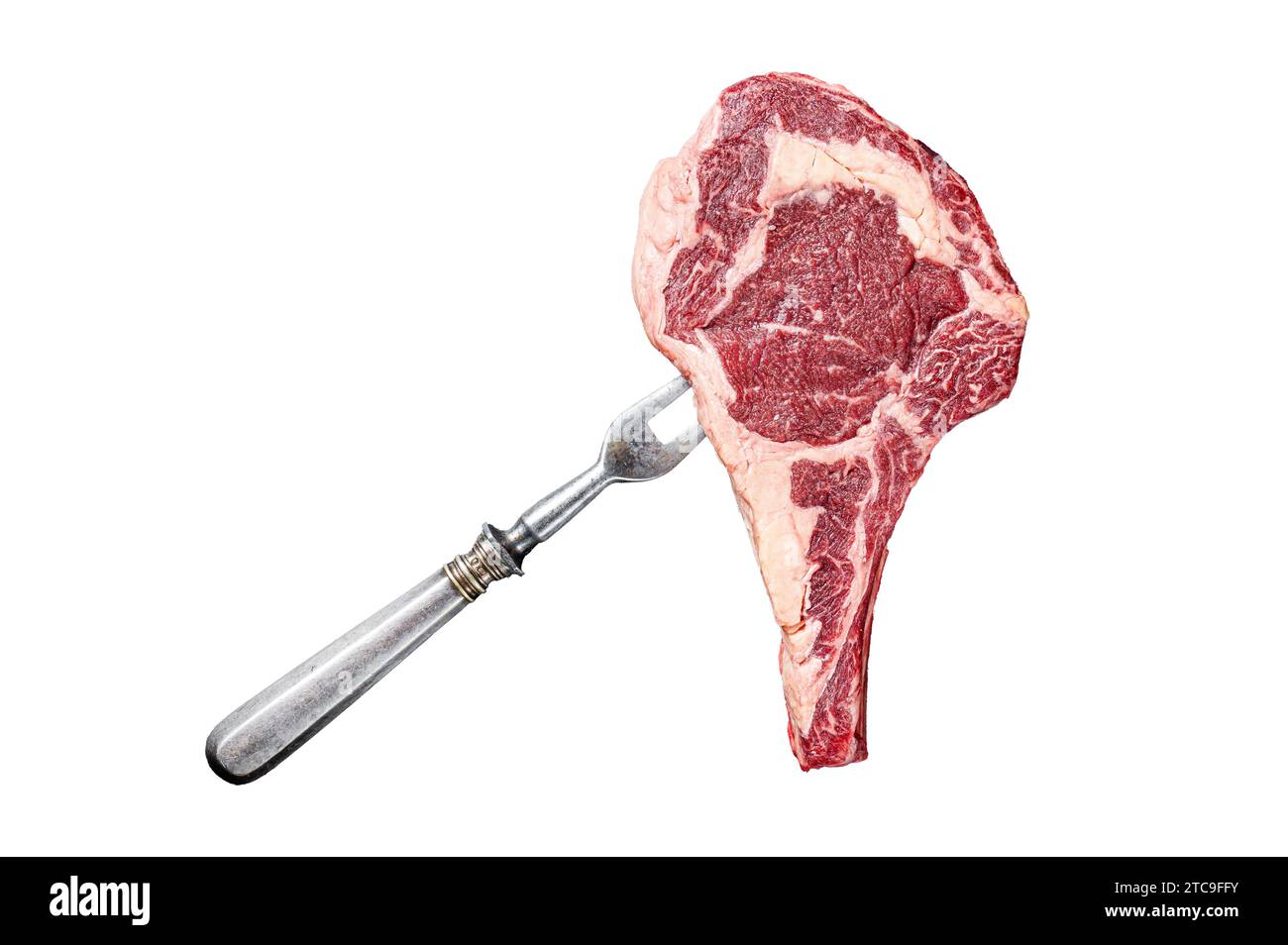 Raw cowboy steak, rib eye steak with bone, beef marbled meat on butcher ...