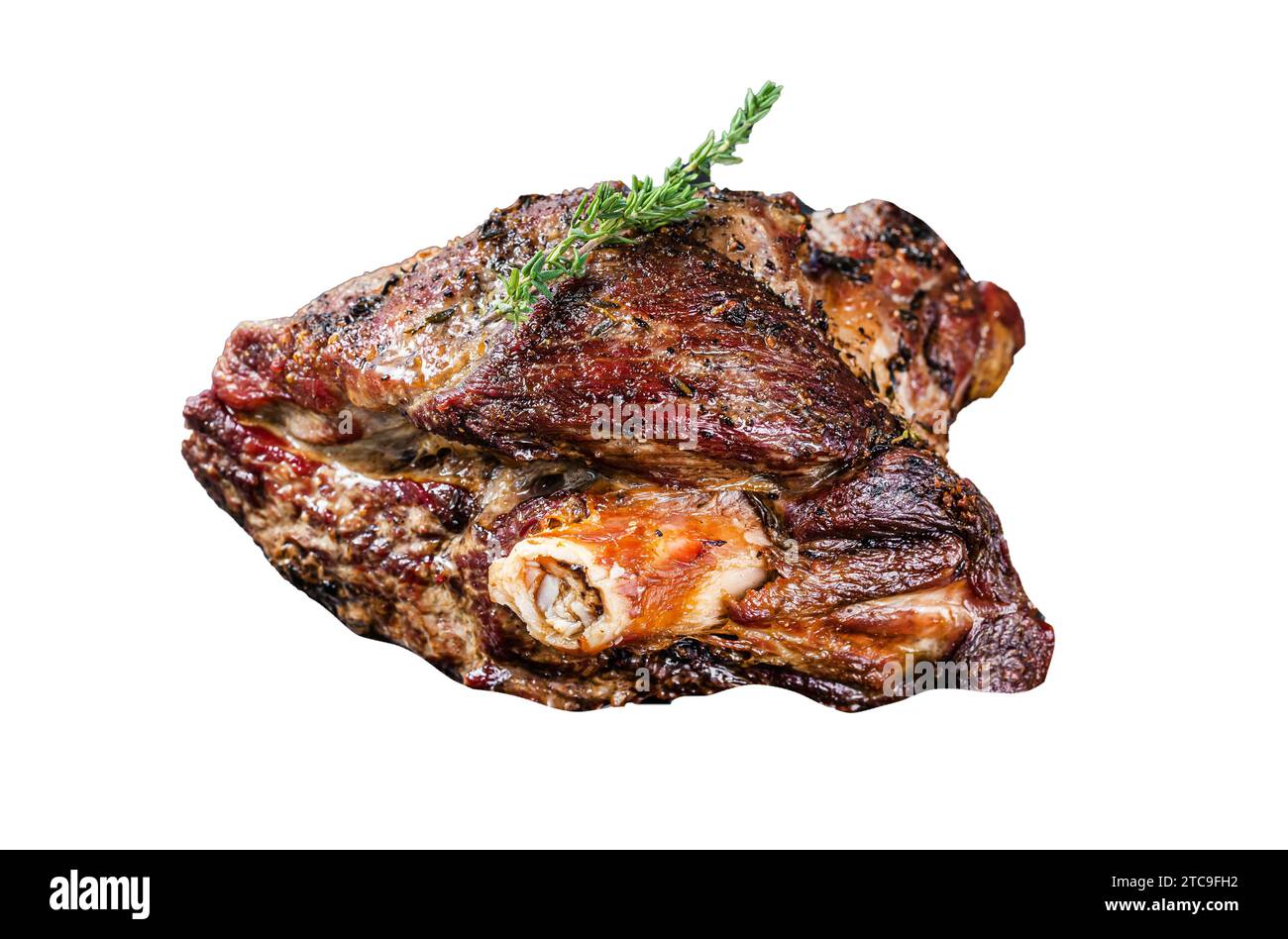 Oven Roasted lamb mutton whole leg with thyme. Isolated, white ...