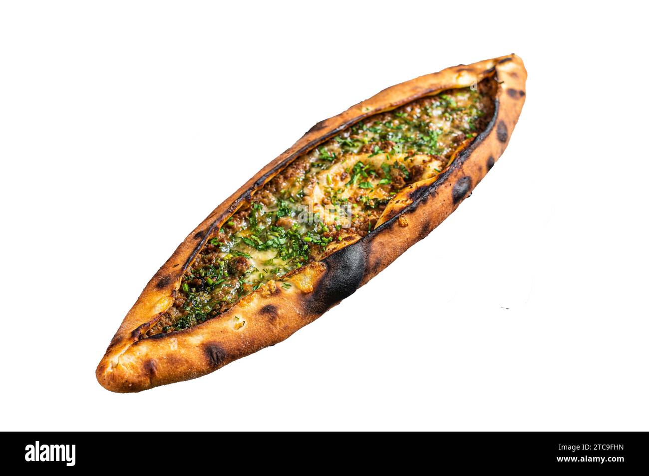 Turkish pide, traditional pie with beef meat and vegetables. Isolated ...