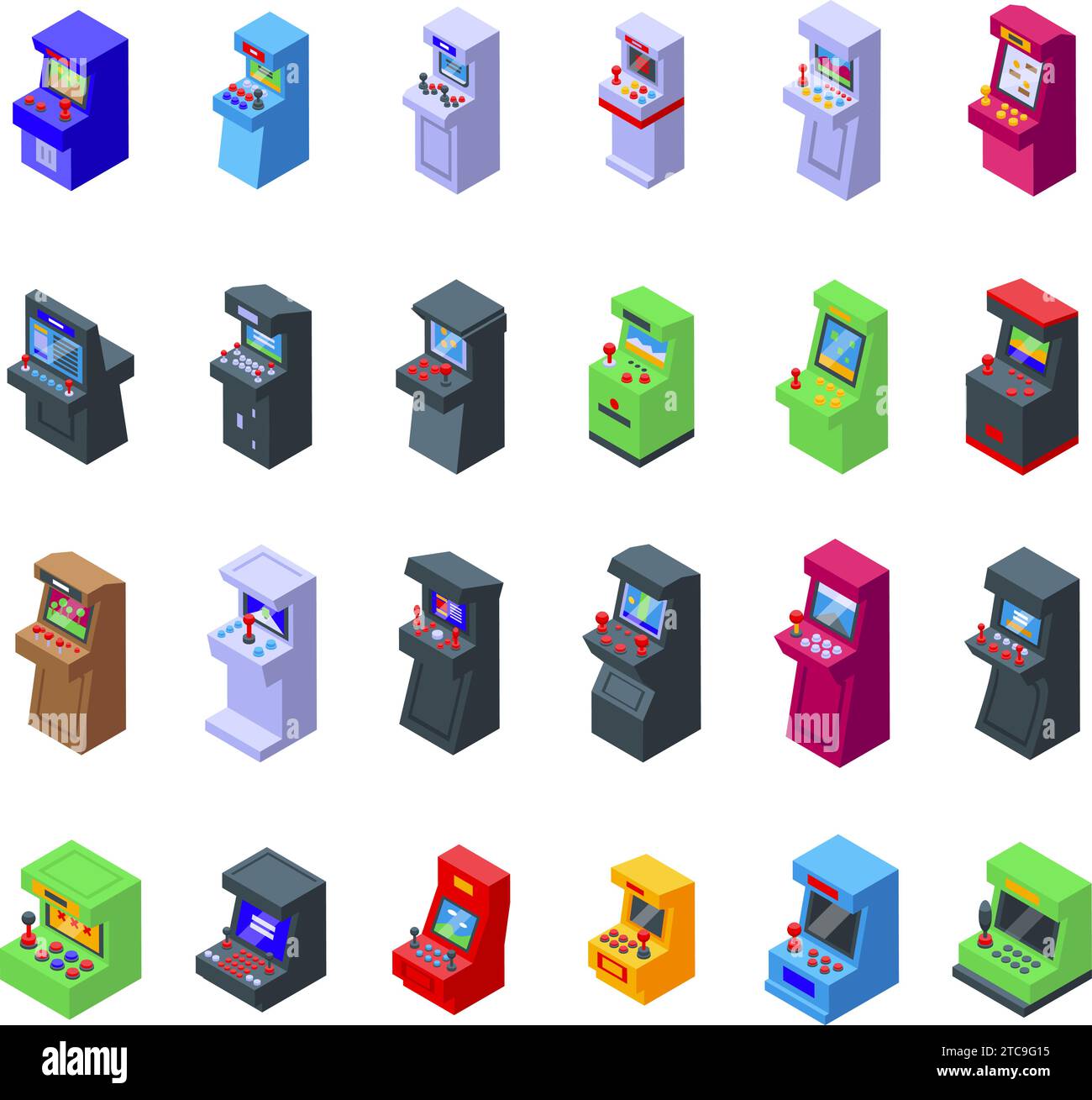 Retro arcade video game screen machine icons set isometric vector. Computer console. Button ...