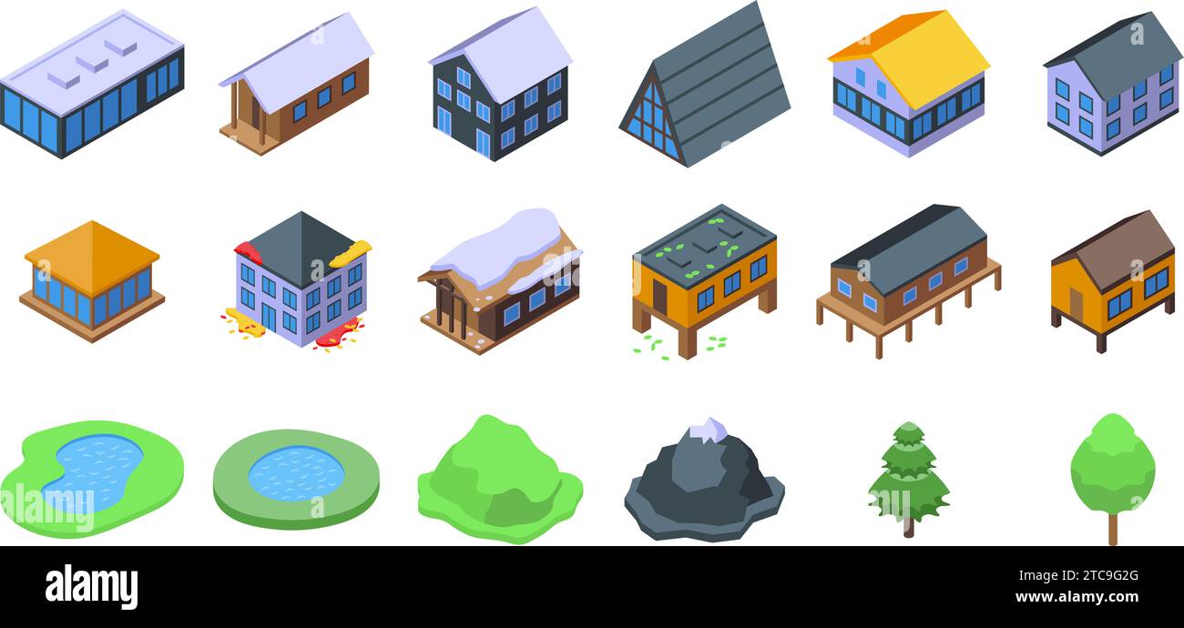 House near mountain lake icons set isometric vector. Cozy valley. Rural cottage Stock Vector ...