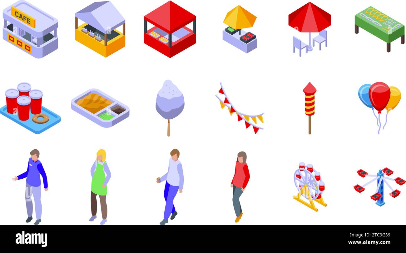 Night fair icons set isometric vector. Outdoor market stall. Counter ... Night fair icons set isometric vector. Outdoor market stall. Counter ...
