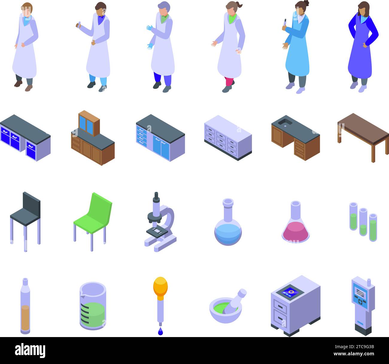 Student university laboratory icons set isometric vector. Glass tube ...