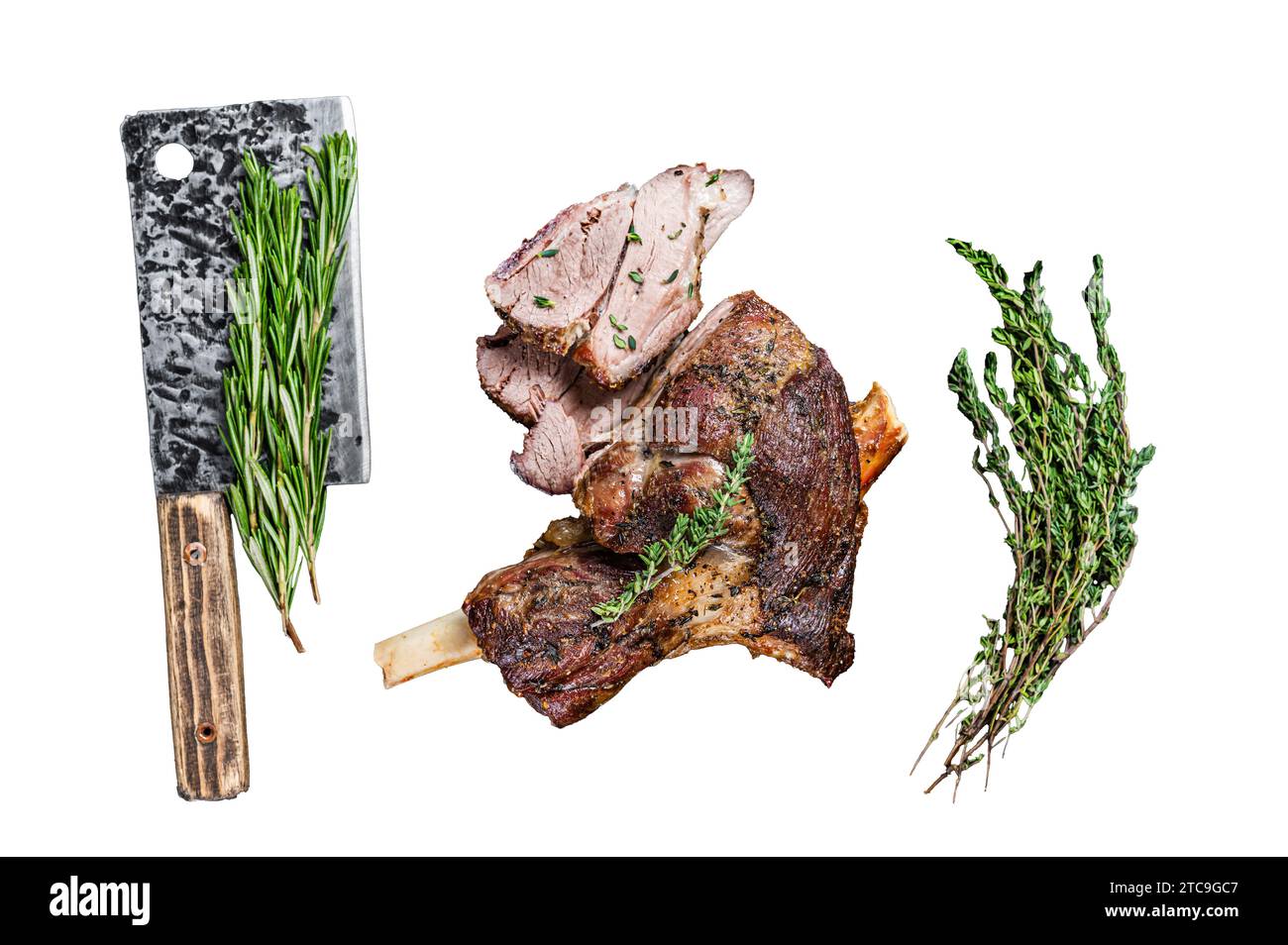Roasted mutton lamb leg sliced in a wooden tray with meat cleaver ...