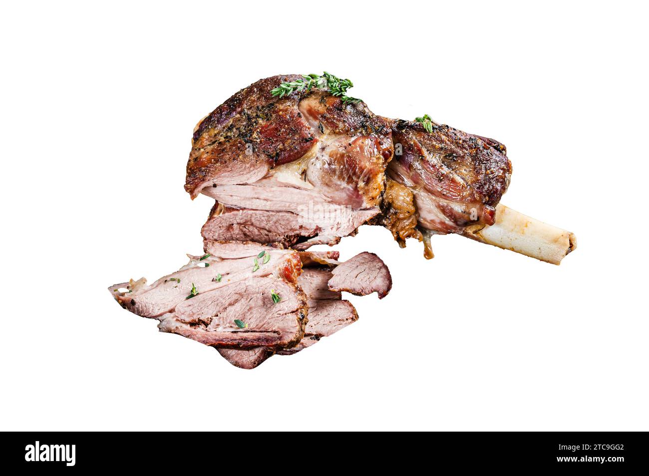 Roasted mutton lamb leg sliced in a wooden tray with meat cleaver ...