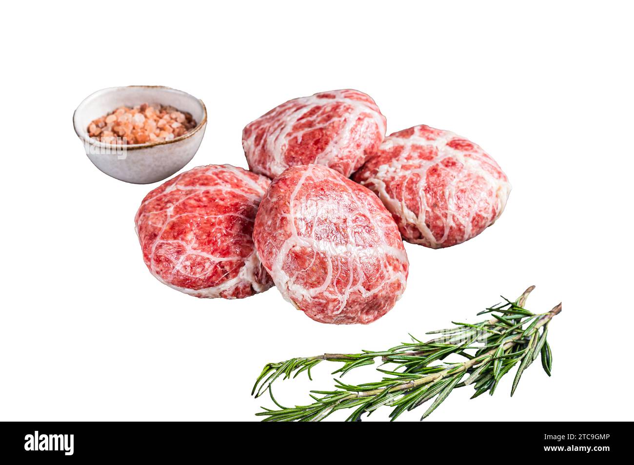 Raw Caul Fat Meatballs burger cutlets, fresh meat. Isolated, white ...