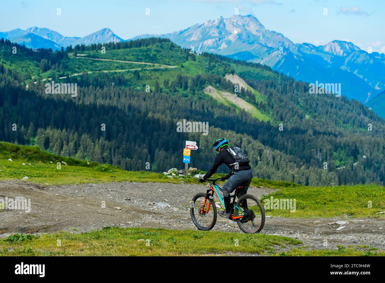 Mountain Bikers On An Alpine Descent In The Chablais Geopark, Montriond ...