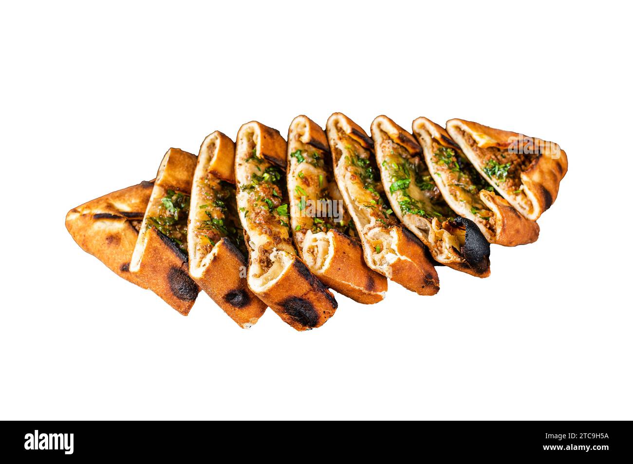 Sliced Turkish flatbread pide, Turkish pizza. Isolated, white ...