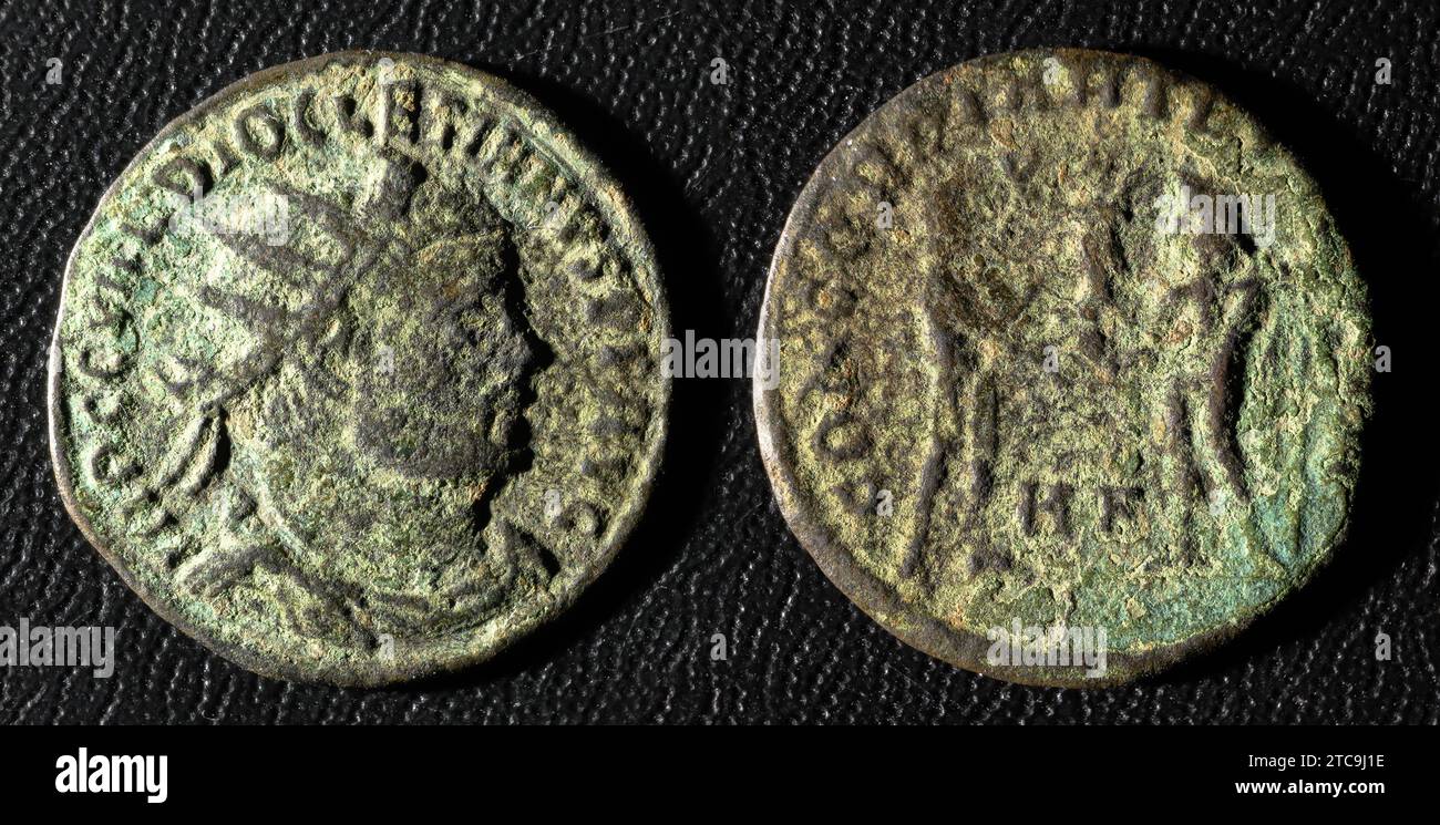 Ancient Roman coin of Emperor Diocletian, top view of old metal money ...