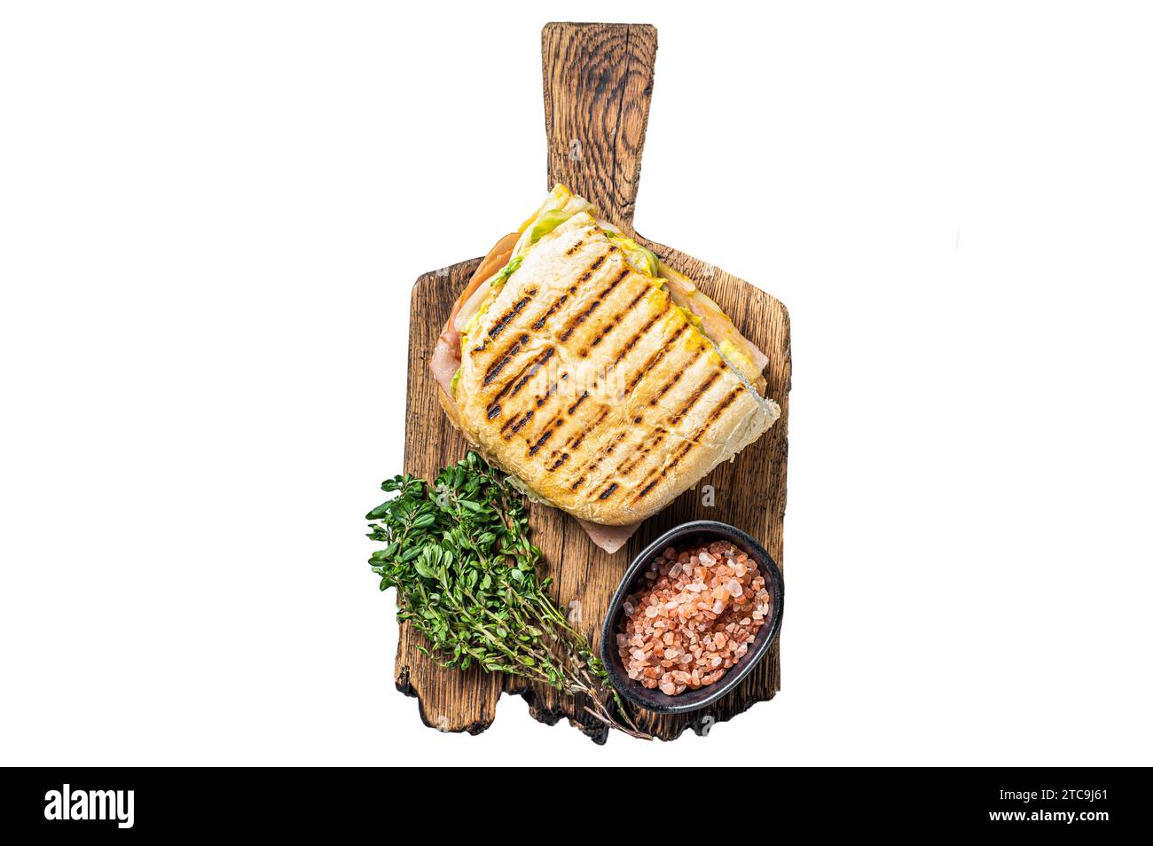 Toasted Panini sandwich with Prosciutto ham and cheese. Isolated, white ...