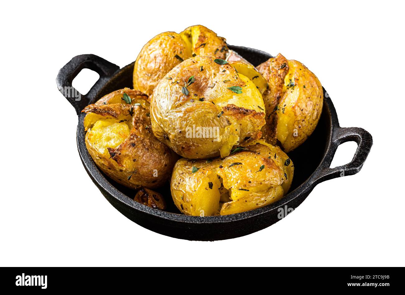 Crushed, Broken potatoes baked in oil with herbs. Isolated, white ...