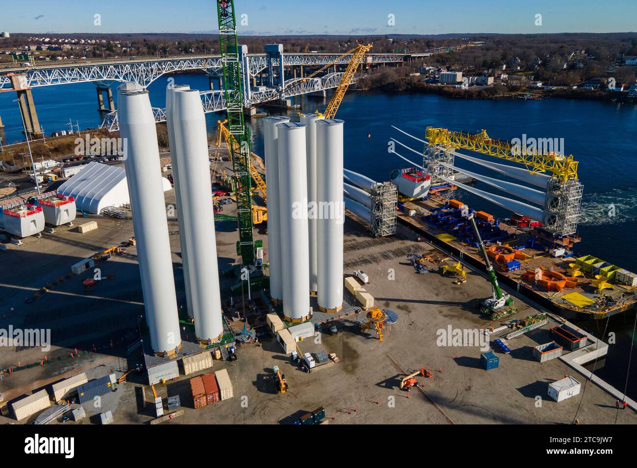 Wind farm towers and blades are readied for transport to the South Fork ...
