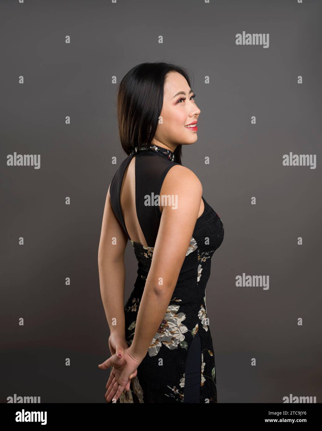 Beautiful Young Asian Woman Curvy Fit Athletic Floral Print Cheongsam