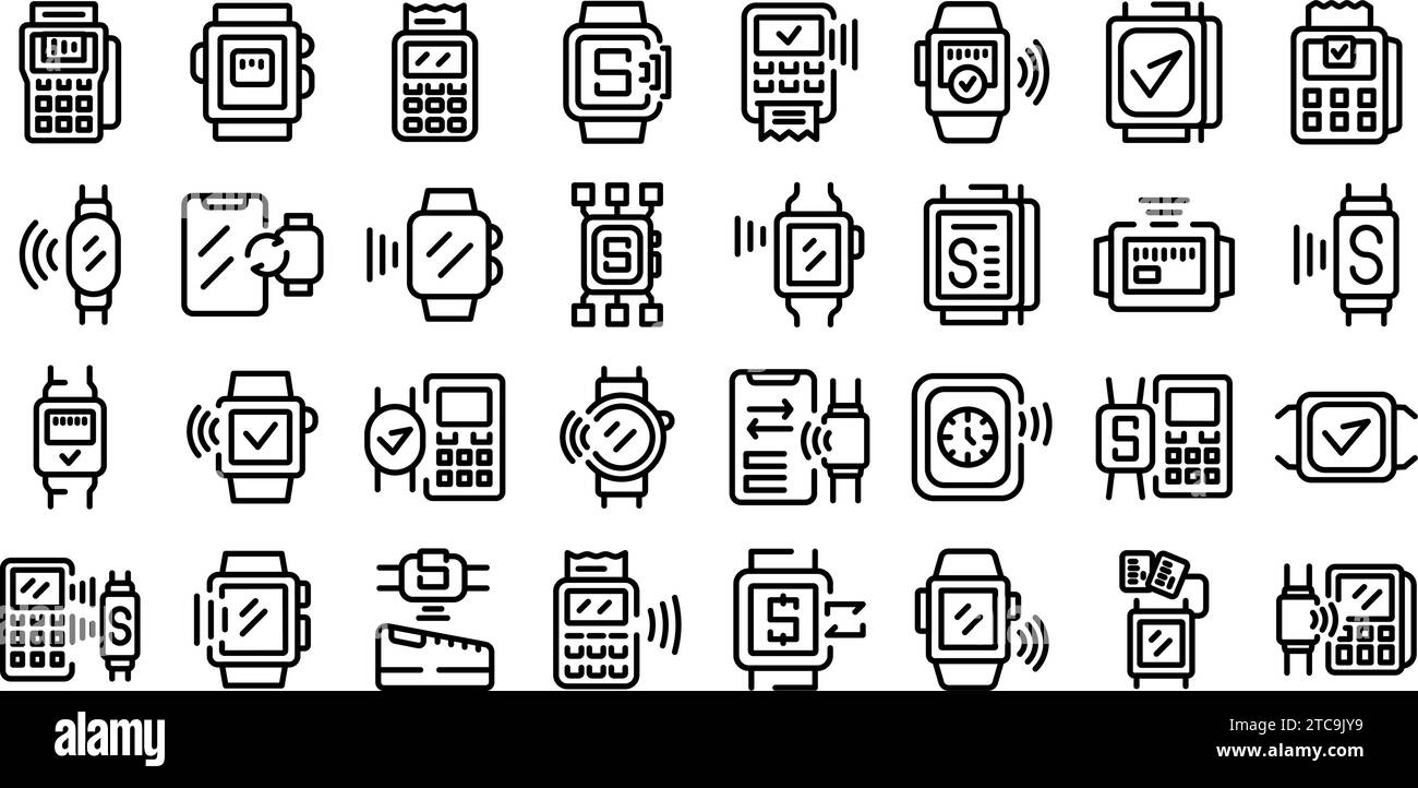 Payment with smart watches icons set outline vector. Nfc reader ...