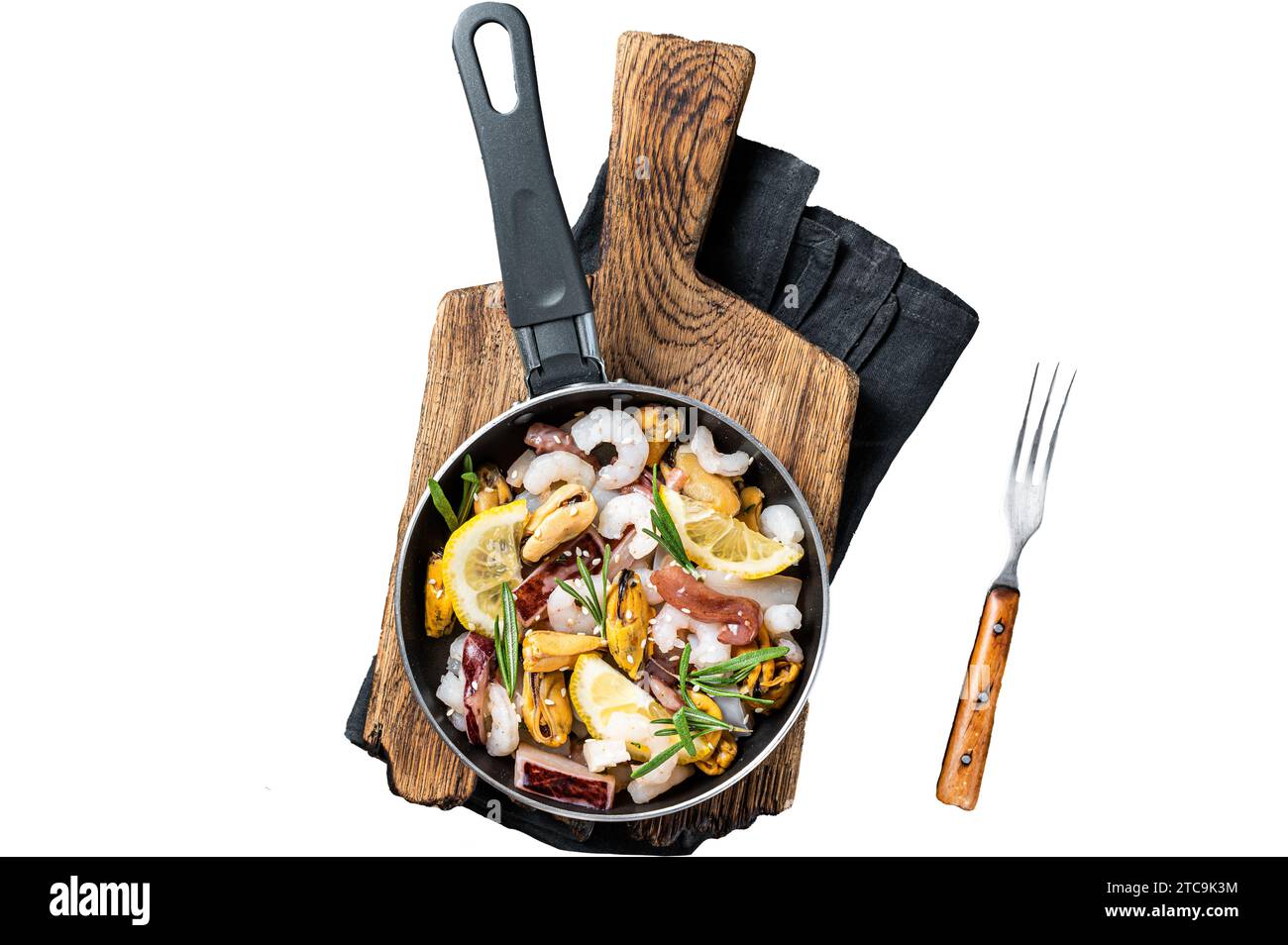 Cooking of fresh seafood mix in a skillet. Isolated, white background ...