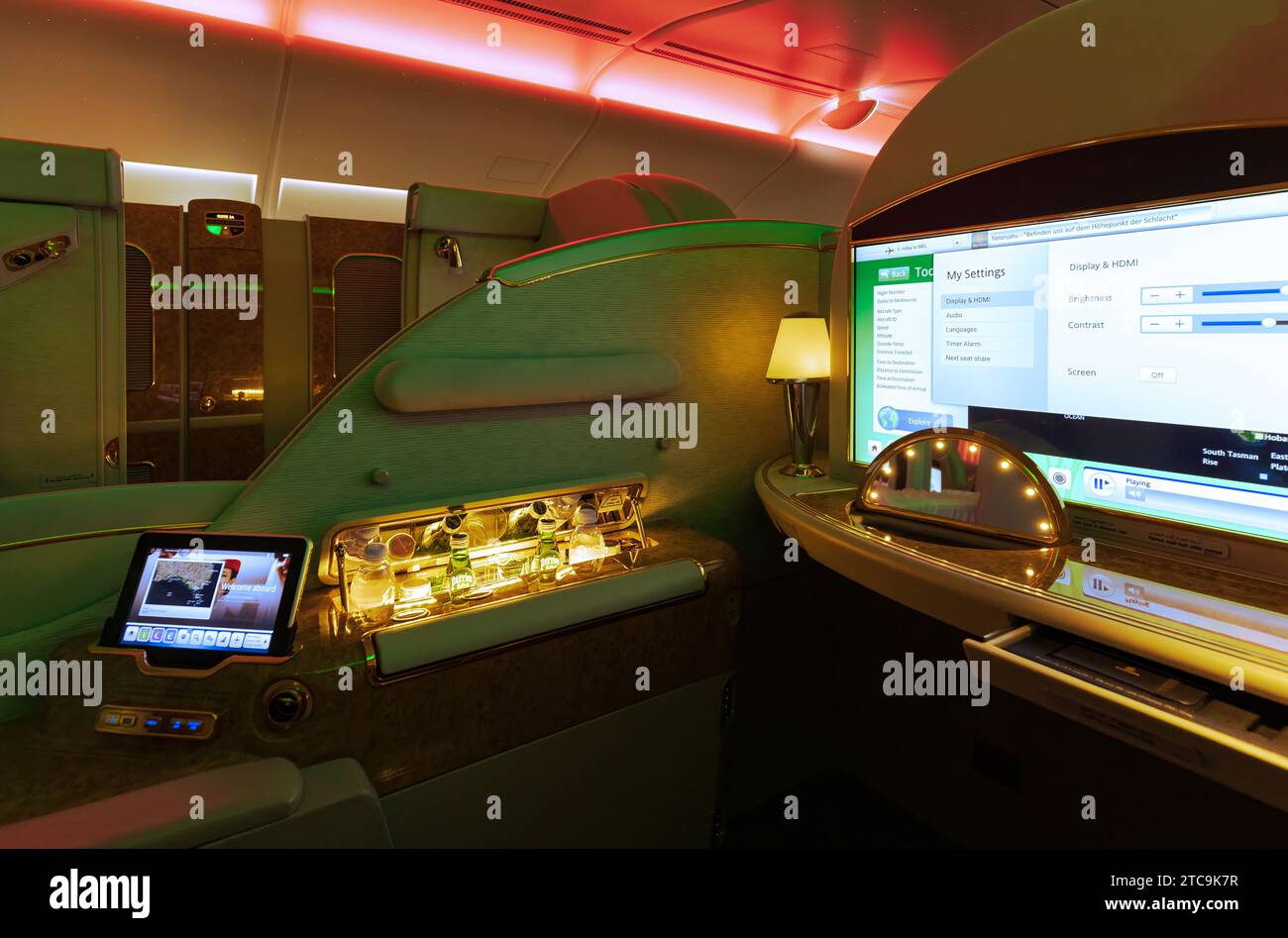 Dubai, UAE, 1 December, 2023: Plane interiors of the first class luxury ...