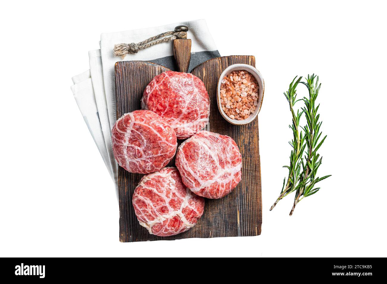 Raw Caul Fat Meatballs burger cutlets, fresh meat Isolated, white ...