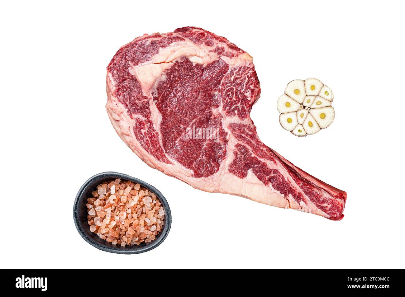 Raw uncooked dry aged beef tomahawk or rib eye steak. Isolated, white ...