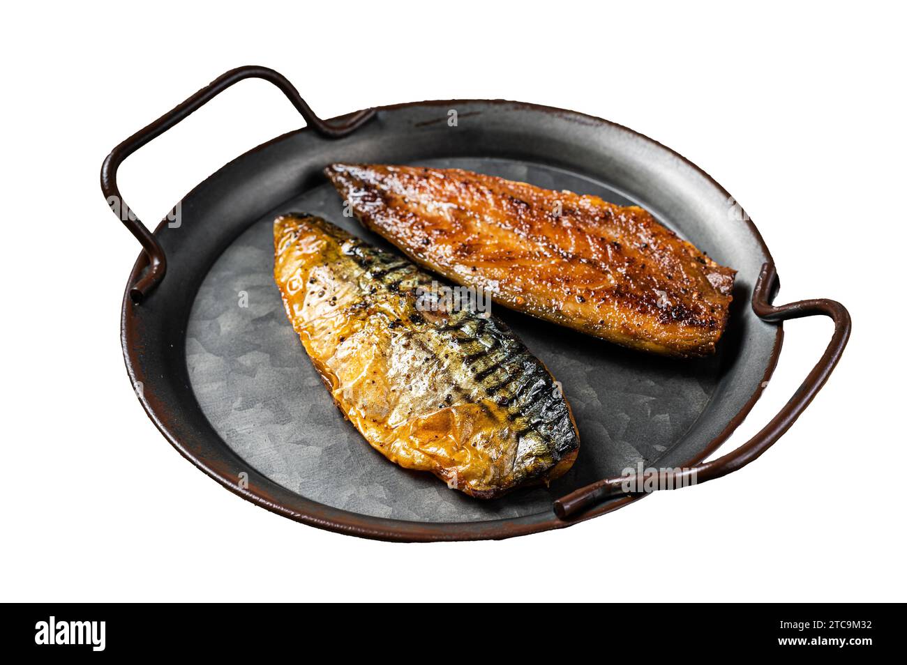 Baked Grilled mackerel fillets. Isolated, white background Stock Photo ...